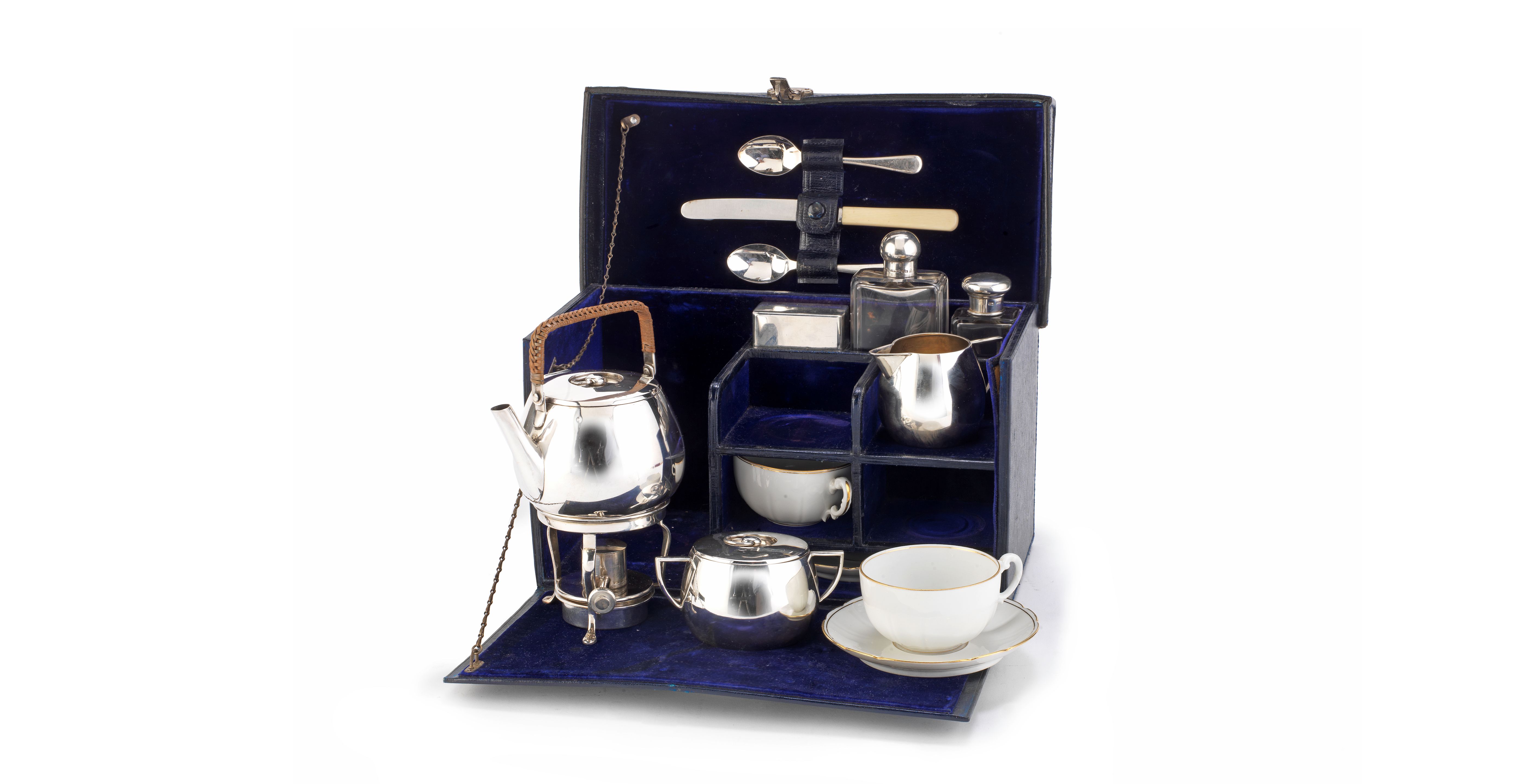 Bonhams Cars : A leather-cased tea-set with silver accessories for two ...
