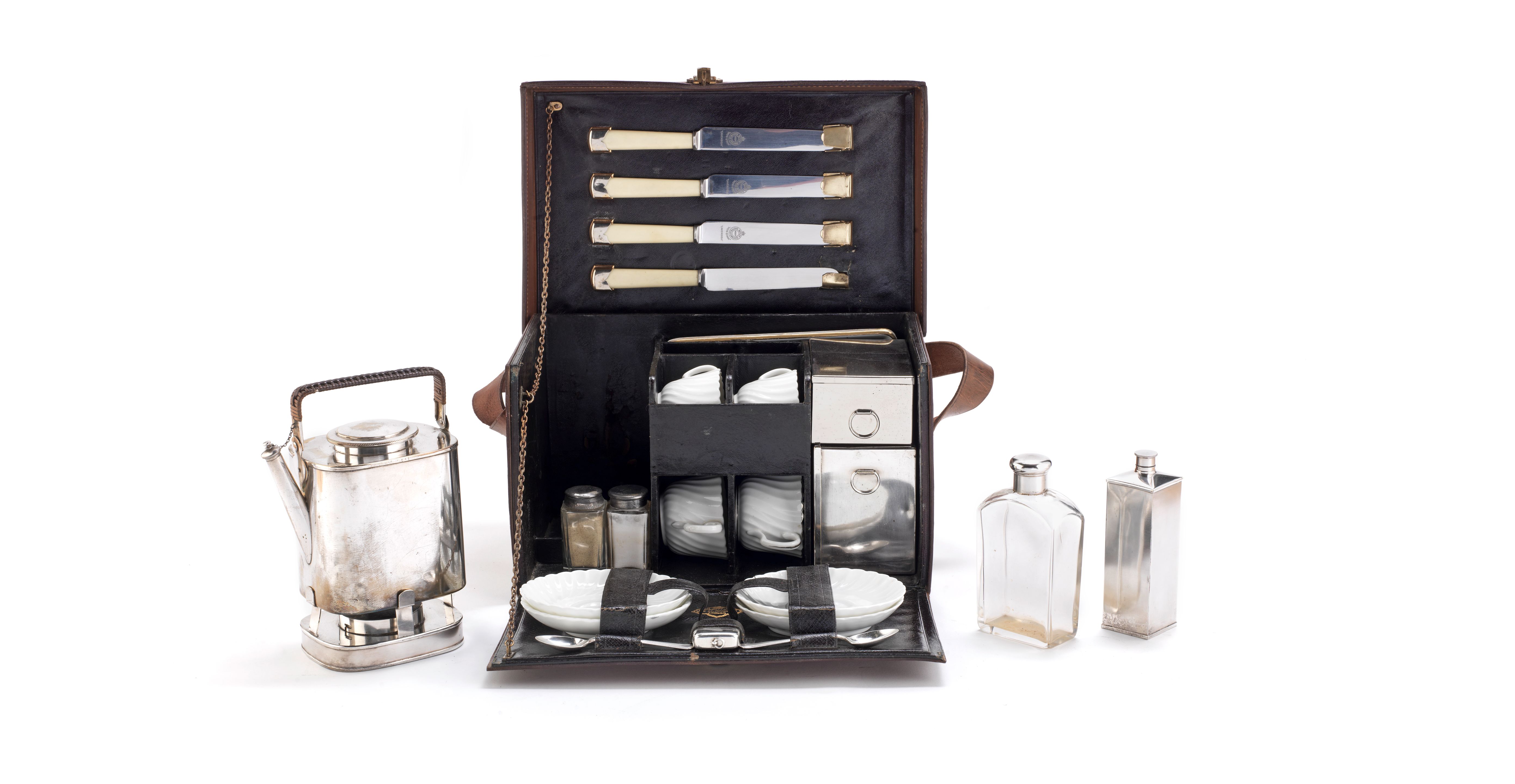 Bonhams Cars : A leather-cased picnic set for four persons by A Barrett ...