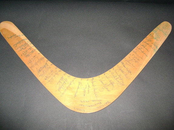 Bonhams : 1989 British Lions Australian tour hand signed boomerang