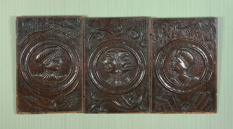 Bonhams : Three 16th Century English carved oak 'Romayne' panels