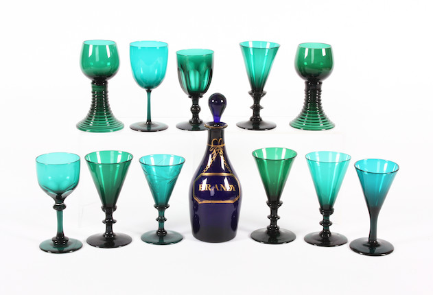 Bonhams Eleven Green Tinted Wine Glasses And A Blue Tinted Decanter And Stopper Late 18th