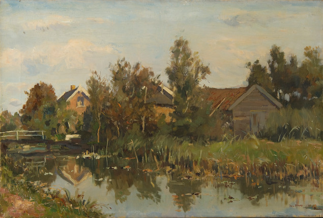 Bonhams : Jan Sirks (Dutch, 1885-1938) River scene with buildings