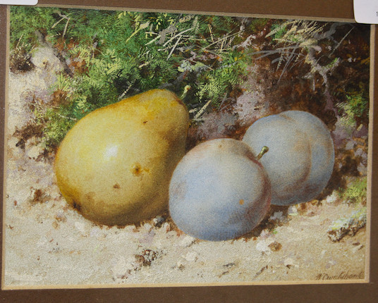 Bonhams : William Cruikshank (1848-1922) Still life of plums and a pear ...