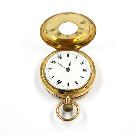 Bonhams : An 18ct gold half hunter fob watch, keyless three quarter ...
