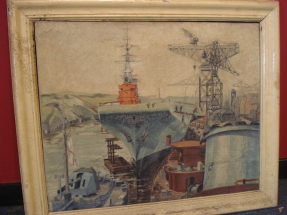 Bonhams : British school, 1940s Aircraft carrier under construction ...