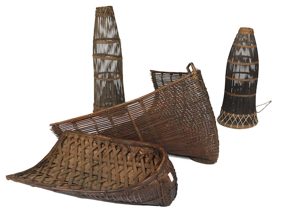 Bonhams : Two Southeast Asian conical rattan fish traps and two rattan ...