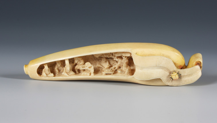 Bonhams : A Japanese carved ivory model of a banana Meiji period.