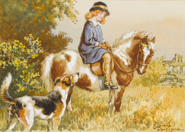 Bonhams : Esther Lewis A gouache of Girl on a Pony, 1914