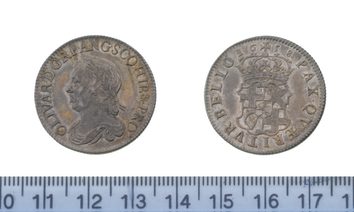 Bonhams : Oliver Cromwell, Shilling, 1658, laureate and draped bust left,