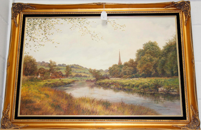 Bonhams : J. Hamilton-George (20th Century) Figure and sheep by a river