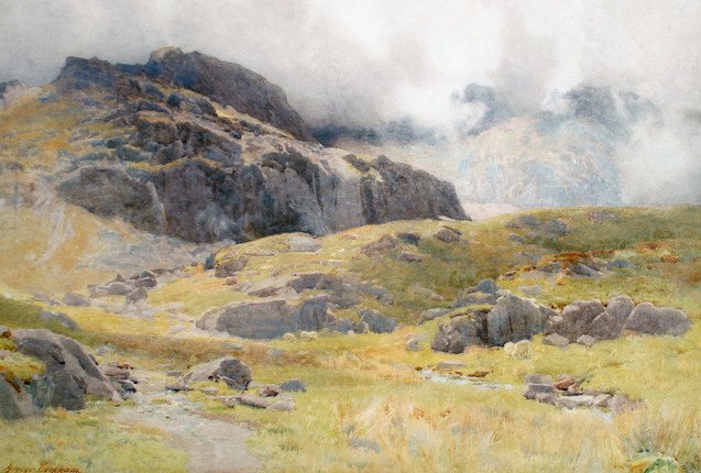 Bonhams : George Cockram (British, 1861-1950) Sheep on a misty hillside