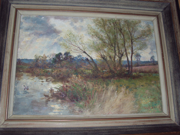 Bonhams : Val Davis (British, 20th Century) A river landscape with rain ...