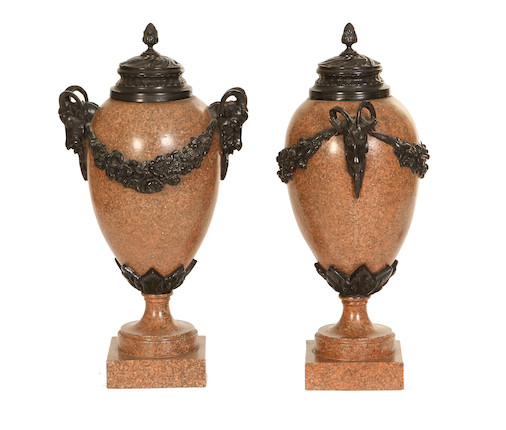 Bonhams : A pair of Louis XVI style faux porphyry urns