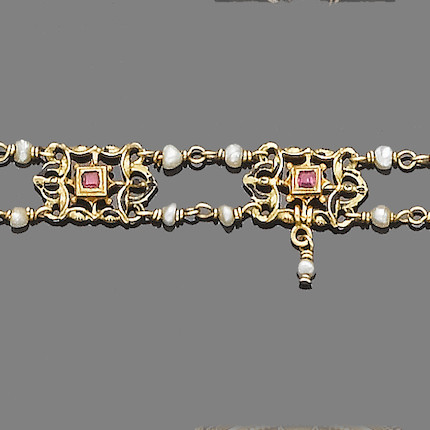 Bonhams : A neo-Renaissance ruby and pearl necklace, circa 1870
