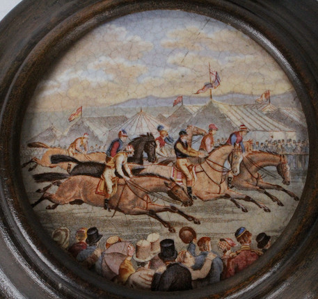 Bonhams : A Prattware pot lid depicting a flat horse race 19th century