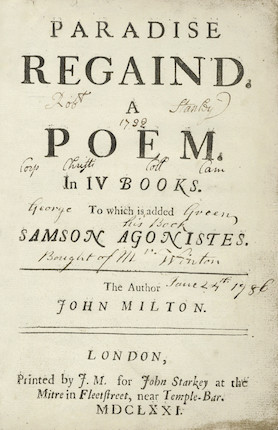 Bonhams : MILTON (JOHN) Paradise Regain'd. A Poem in IV Books. To Which is Added Samson ...