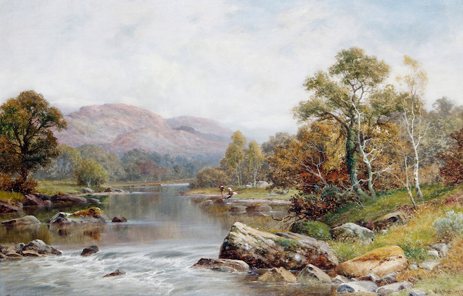 Bonhams : William Henry Mander (British, 1850-1922) Anglers on a river