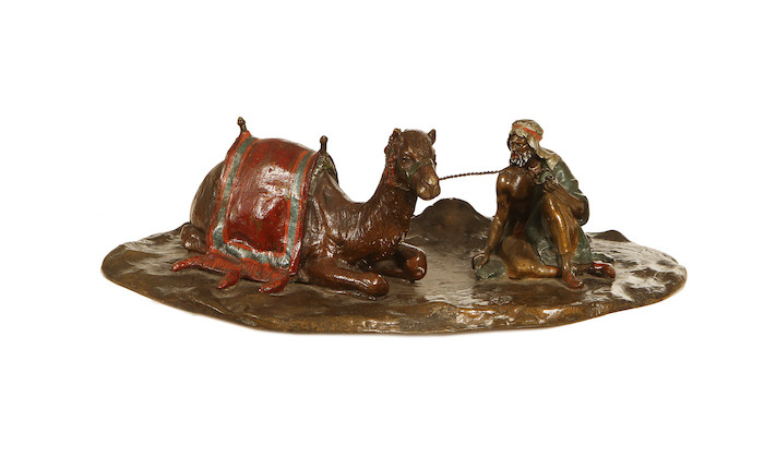 Bonhams : Franz Bergman, Austrian (1861-1936) A cold painted bronze model of an Arab with camel