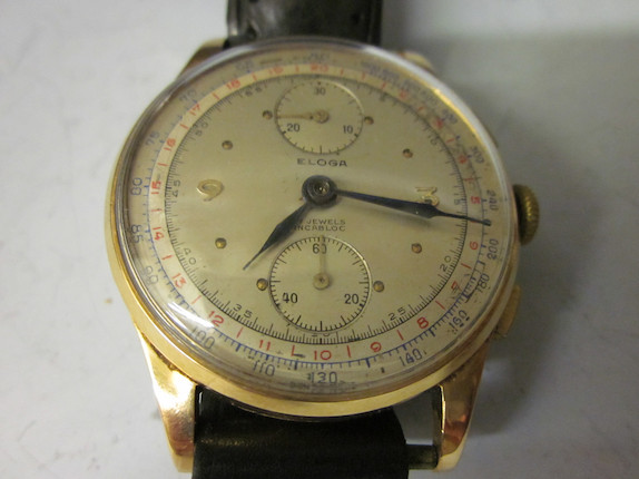 Bonhams : Eloga An 18k gold chronograph strap watch,