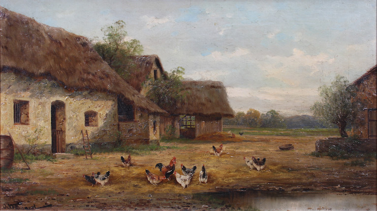 Bonhams : O** W** (British, Late 19th Century) Farmyard scene 40 x 67cm.