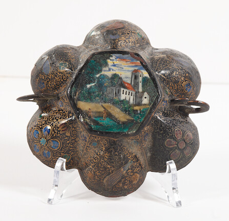 Bonhams : A Limoges enamel hexafoil two-handled dish Centred with a Virgin and Child, en ...