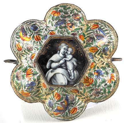 Bonhams : A Limoges enamel hexafoil two-handled dish Centred with a Virgin and Child, en ...