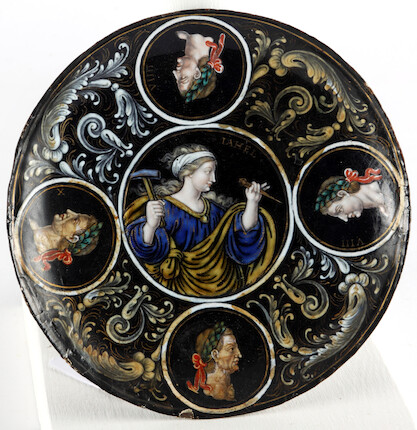 Bonhams : A Limoges enamel dish Centred with a titled representation of Jael, with hammer and ...