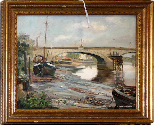 Bonhams : Max Hofler (British, 1892-1963) Boats at anchor