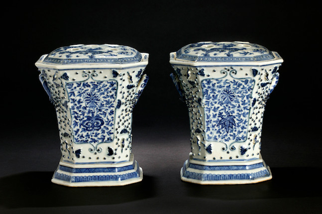 Bonhams : A pair of Chinese Export Nanking blue and white Bough pots ...