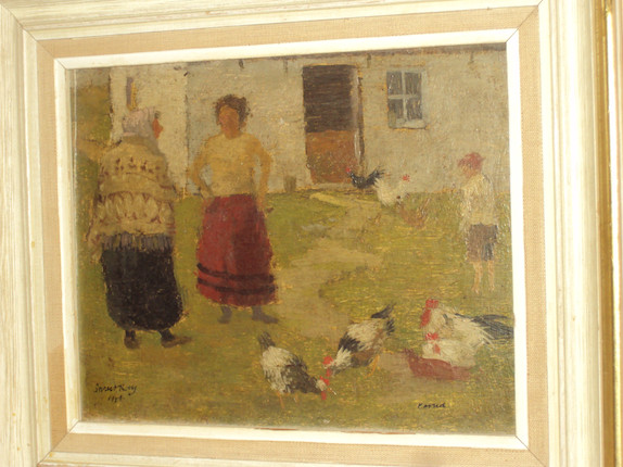 Bonhams : Stuart Ray (British, 1916-1985) Figures and hens before a house