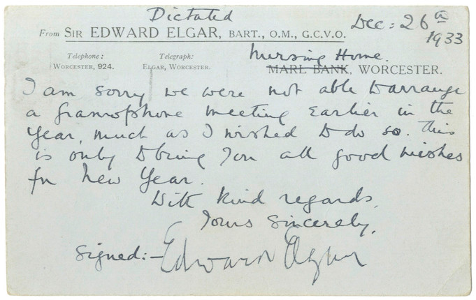 Bonhams : ELGAR (EDWARD) Series of nearly twenty autograph, dictated ...