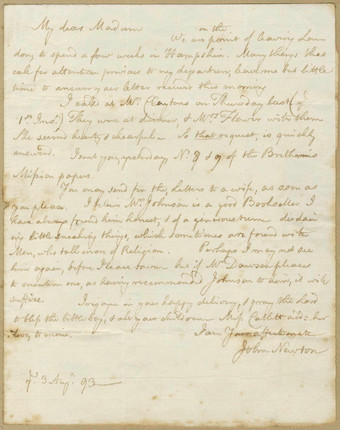 Bonhams : NEWTON (JOHN) Autograph letter signed, 1793
