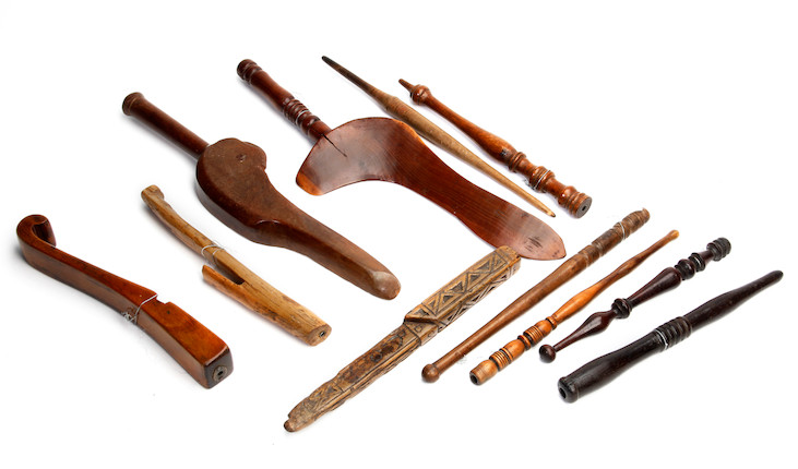 Bonhams : A collection of treen knitting sheaths and bobbins