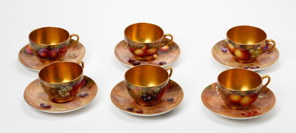 Bonhams : A collection of Royal Worcester fruit painted teacups and saucers, painted by Harry ...