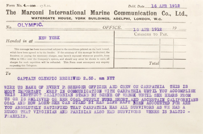 Bonhams : TITANIC A collection of 6 framed Marconi messages documenting ...