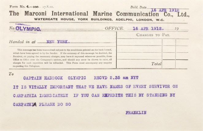 Bonhams : TITANIC A collection of 6 framed Marconi messages documenting ...