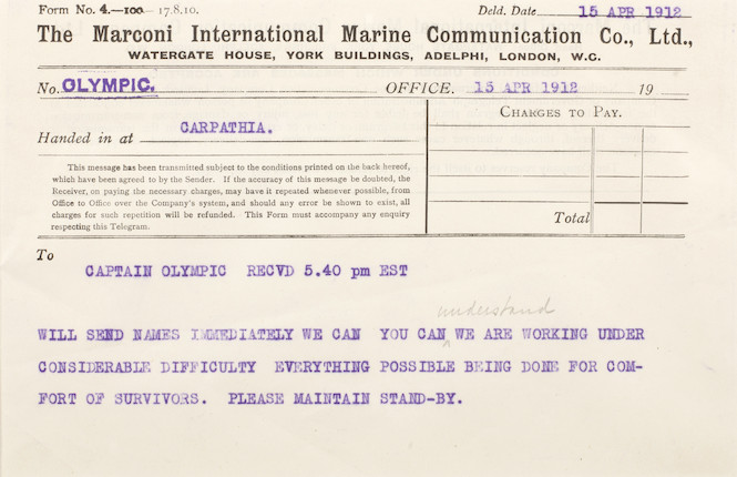 Bonhams : TITANIC A collection of 6 framed Marconi messages documenting ...