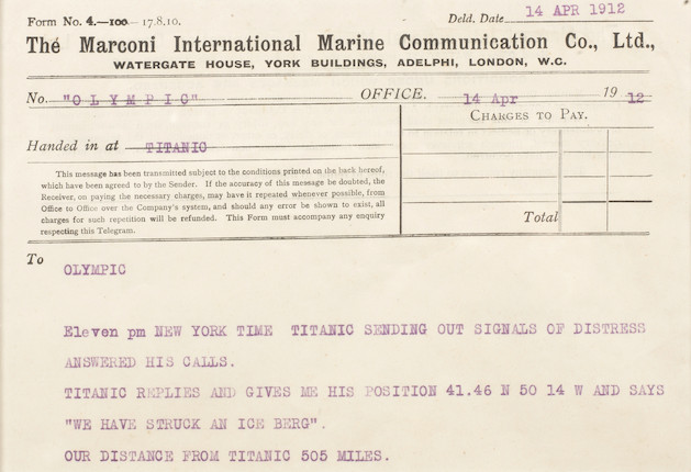 Bonhams : TITANIC A Marconi message from R.M.S. Titanic to R.M.S ...