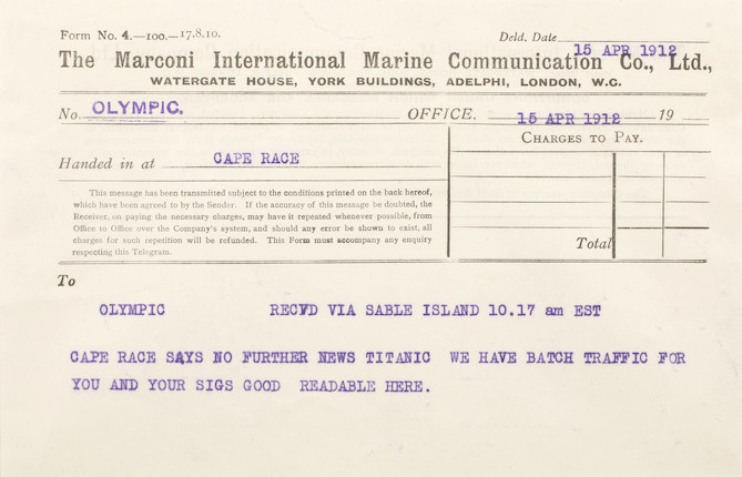 Bonhams : TITANIC A group of 6 Marconi messages giving detailed ...