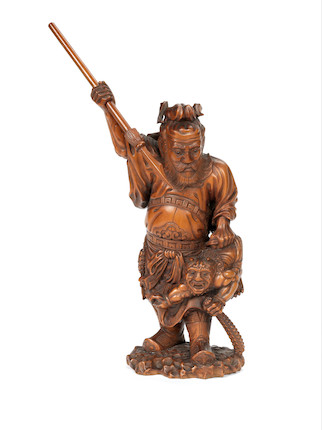 Bonhams : A wood okimono of Shoki and oni By Mokusuke, Meiji Period