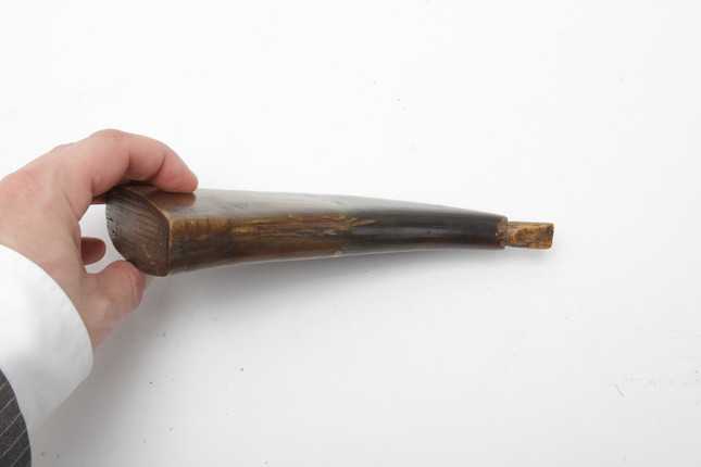 Bonhams : A 17th century Scottish flattened cow horn powder flask