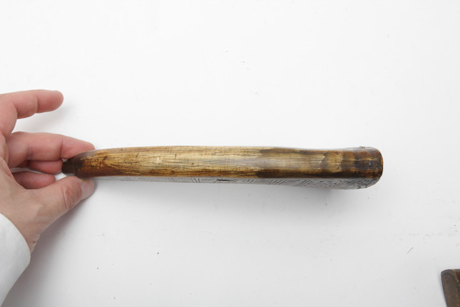 Bonhams : A 17th century Scottish flattened cow horn powder flask