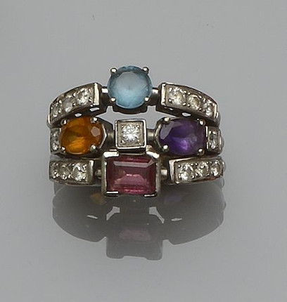 Bonhams : A diamond and vari gem-set ring