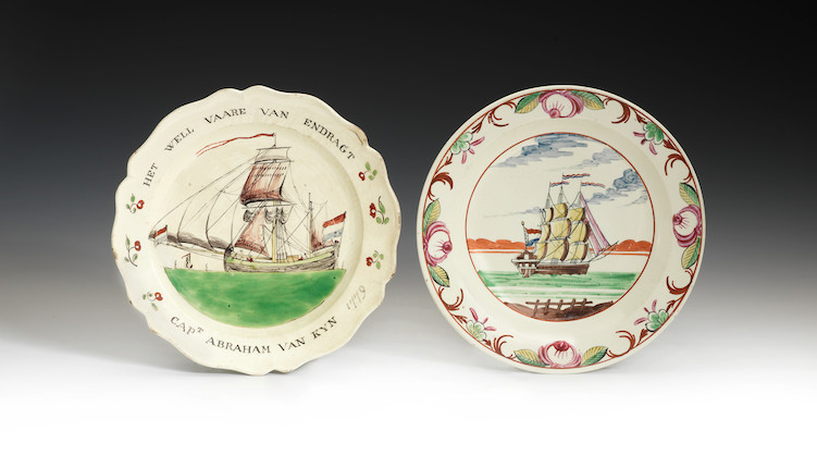 Bonhams : Two Dutch-decorated creamware Ship plates, dated 1779 and ...