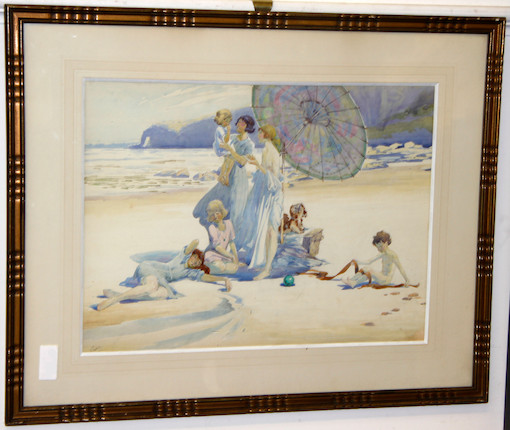 Bonhams : Charles Sims (British, 1873-1928) Family on a beach