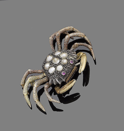 Bonhams : A pearl and ruby crab brooch, by Buccellati