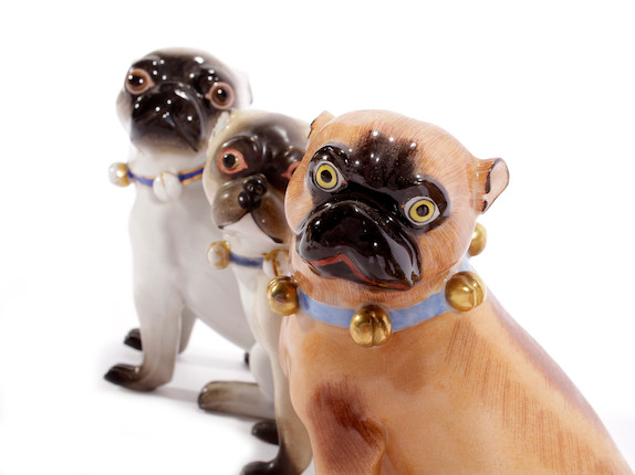 Bonhams : Two Meissen models of pugs, and six other porcelain pugs ...