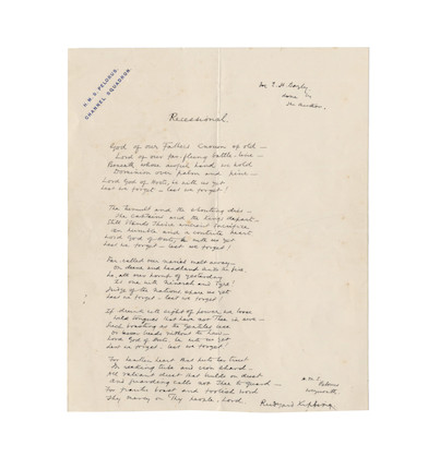 Bonhams : KIPLING, RUDYARD (1865-1936) AUTOGRAPH MANUSCRIPT OF HIS ...