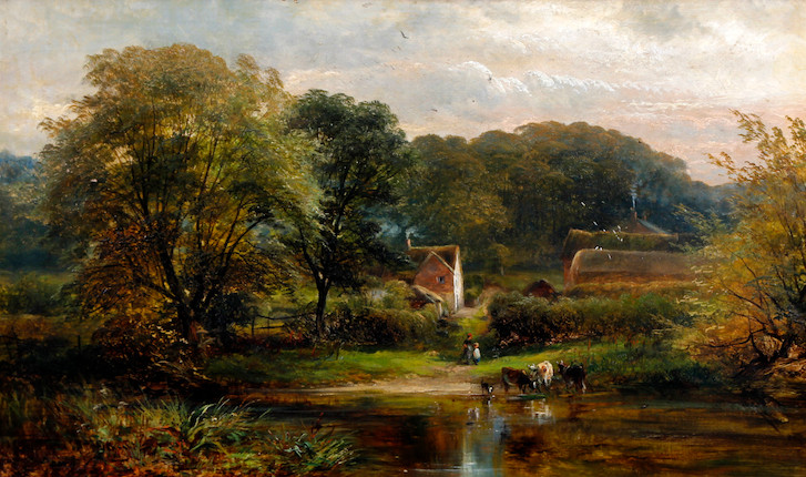 Bonhams : David Payne (British, 1844-1891) Figure and cattle by a river ...