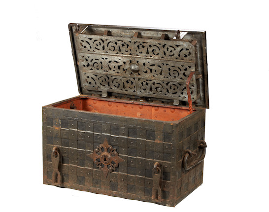 Bonhams : A large 17th century iron and iron-bound ten-bolt strong box ...